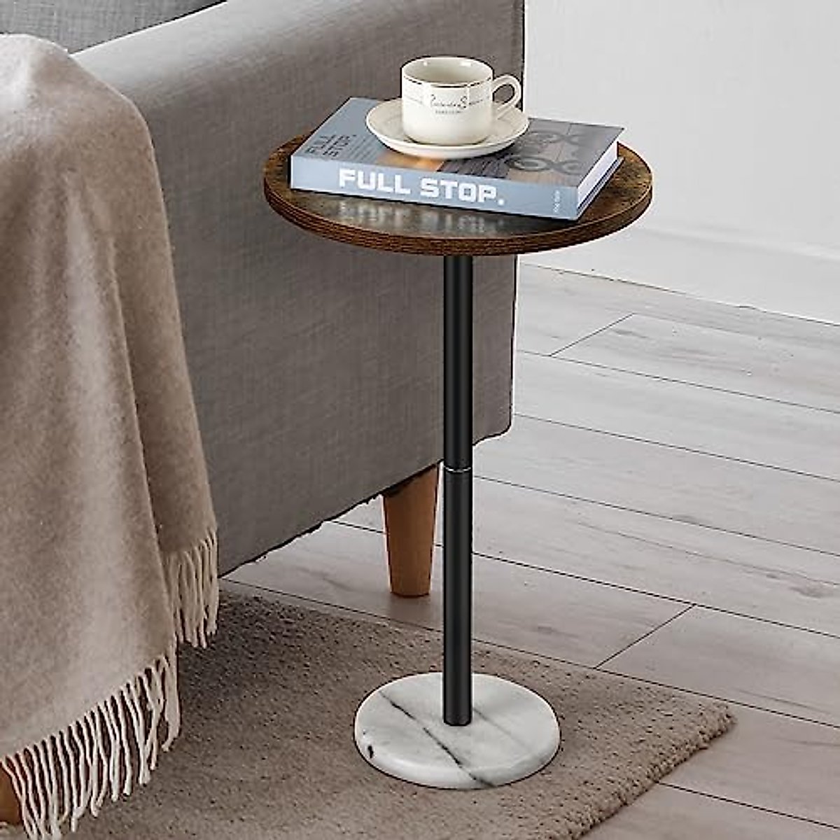 smusei Small Side Table for Small Spaces Round Bar Table with Marble Base Round End Table Drink Table Pedestal for Sofa Couch Chair Patio, Brown