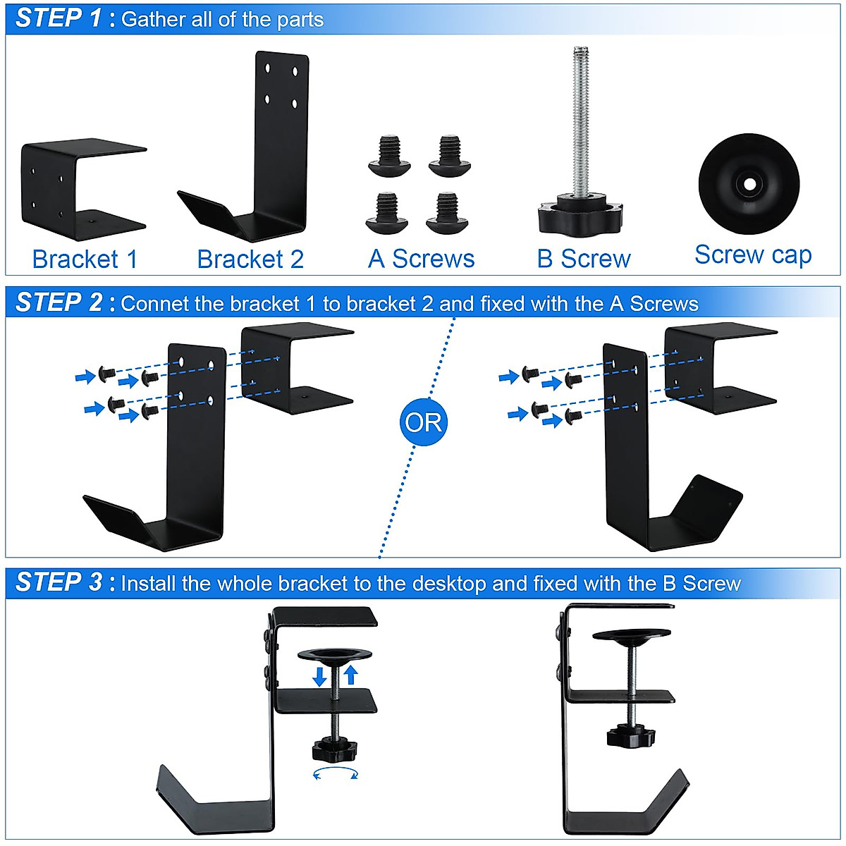 Yaocom 2 Pcs Under Desk Headphone Hanger Practical Headphone Stand Hanger Black Steel Headphone Holder Space-Saving Headphones Hook for Soundbar Small Items Desk Office