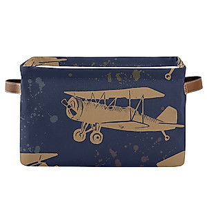 susiyo Large Foldable Storage Bin Vintage Airplanes Fabric Storage Baskets Collapsible Decorative Baskets Organizing Basket Bin with PU Handles for Shelves Home Closet Bedroom Living Room-1Pack