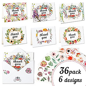 Thank You Cards with Envelopes, 36 Pack Floral Thank You Notes with 36 Envelopes 6 Sticker Sheets By Feela, Blank Inside Cards for Baby Bridal Shower Wedding Graduation