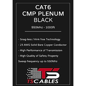 Cat6 Plenum (CMP) 1000ft Cable, 23AWG | 100% Solid Bare Copper | 550MHz | Unshielded Twisted Pair (UTP) Bulk Ethernet Cable, Available in 10 Colors