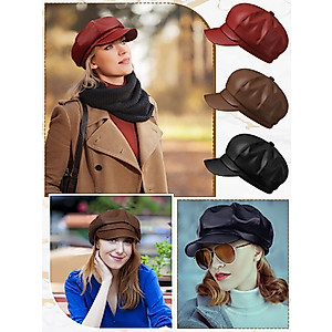 Funtery 3 Pcs Women Newsboy Hats PU Leather Visor Beret Cabbie Hat 8 Panel Vintage Women Fiddler Cap Faux Leather Baker Hat(Khaki, Red, Black)