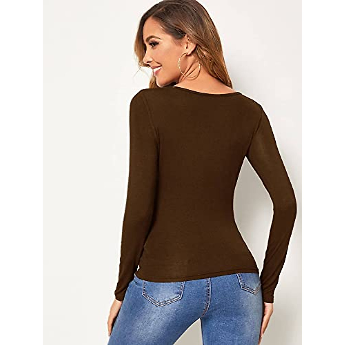 SweatyRocks Women's Long Sleeve Scoop Neck Basic Solid Slim fit Tee Shirt Top Solid Brown XL