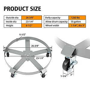 GarveeTech Drum Dolly - 67cm Outer Ring Diameter, 1250lbs Load Capacity, 55GAL, 3mm Plate Thickness, 3" Universal Wheels with Brakes