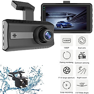 YLOMAY Dash Cam 2 Channel car Camera 1080P Dual Cameras FHD DVR 3.0" IPS Screen 170° Wide Angle G-Sensor Parking Monitor Loop Recording Motion Detection WDR Night Vision