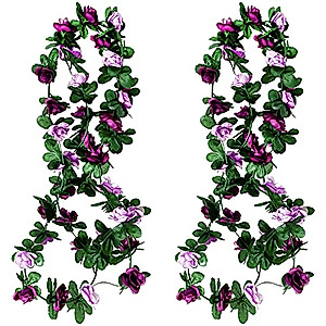 2pcs 7.8FT Double Color Artificial Fake Rose Garland Vines Hanging Silk Flowers Purple Garland Flowers Decorations for Party Wedding (Purple)