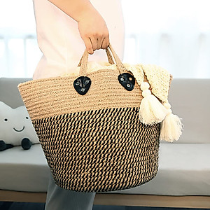 DOUBLE POMELO - Shelf Basket Jute Basket Woven Basket for Comforter Cushions Blanket Basket Toy Basket with Handle Laundry Hamper with Handle Brown and Black (11'' x 11'')