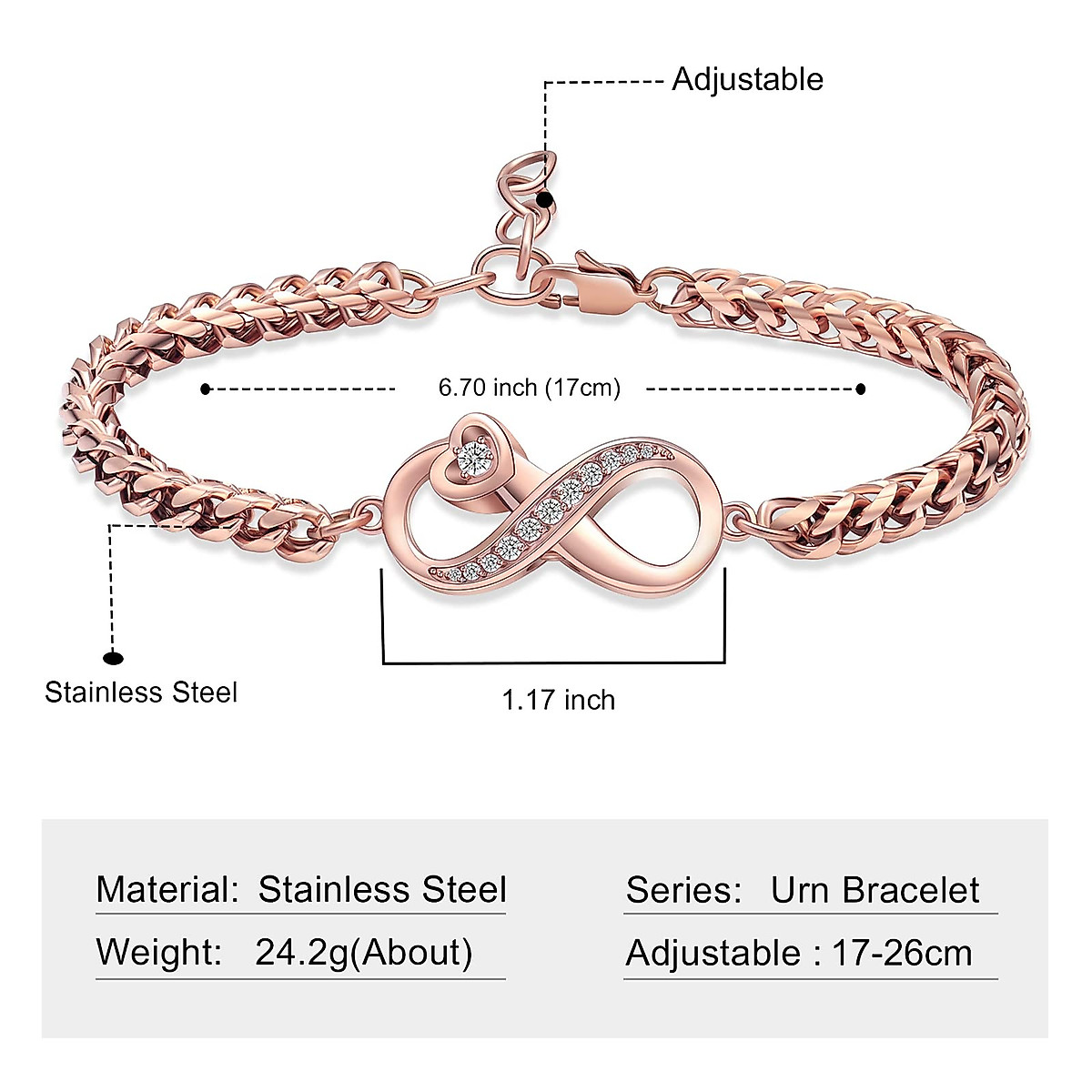 Imrsanl Cremation Jewelry Infinity Urn Bracelet for Ashes Stainless Steel Ashes Bracelet Bangles Keepsake Memorial Jewelry Ash Holder for Women Men - Adjustable (Infinity-Rose)
