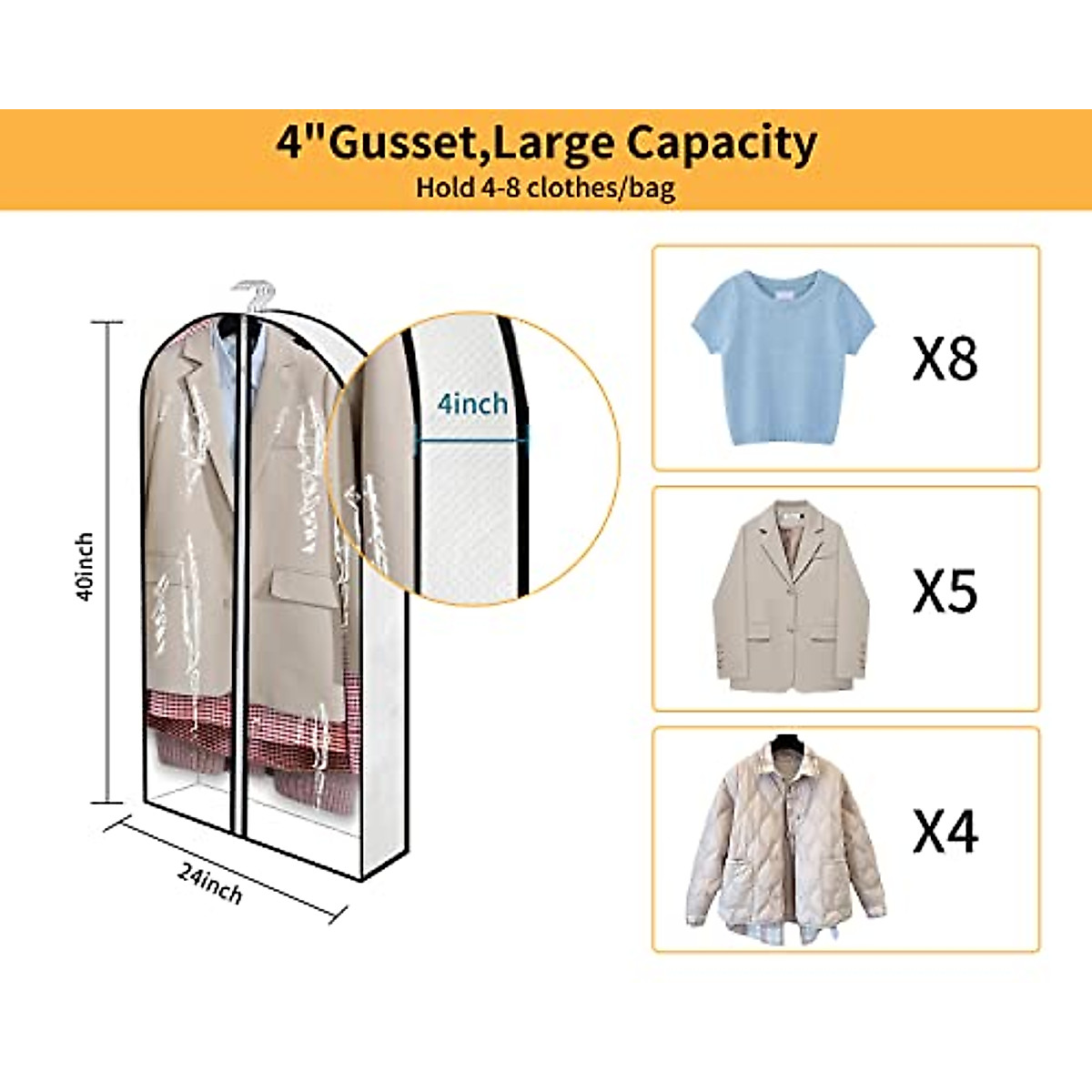OUPAI 40" Garment Bags for Hanging Clothes Closet Storage with 4" Gussets, Clear Clothes Protectors for Hanging Clothes Suit Cover for Coats, Shirts, Sweaters Storage (White,3 Packs)