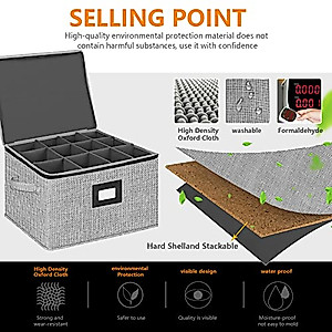 homyfort Wine Glass Storage Boxes with Dividers,China Storage Containers Stemware Chest Boxes Holds 12 Wine Glass or Crystal Glassware with Label Window and Handles,Hard Shell and Stackable (Grey)