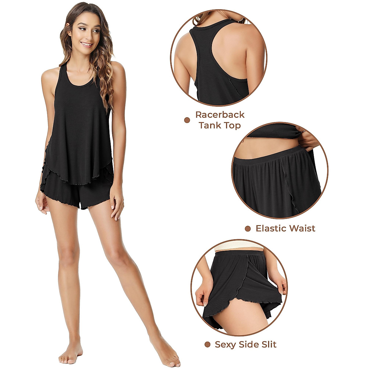 NACHILA Pajamas for Women-Viscose Made from Bamboo,Ribbed Racerback Tank Top and Shorts Pajama Sets Sleeveless Sleep Cami Pj Black S