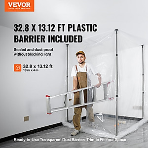 VEVOR Dust Barrier Poles, 10 Ft Barrier Poles, Dust Barrier System with 4 Telescoping Poles, Carry Bag and 32.8x13.12 Ft Plastic Film, for Interior Decoration, Painting