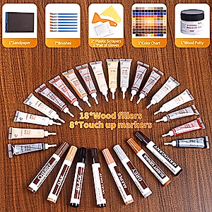 Wood Furniture Repair Kit - Set of 39 - Hardwood Floor Repair Kit Wood Filler, Furniture Repair Kit Wood Markers Touch Up for Scratch Stain Hole, Restore Any Wood, Laminate, Wooden Door, Desk, Cabinet