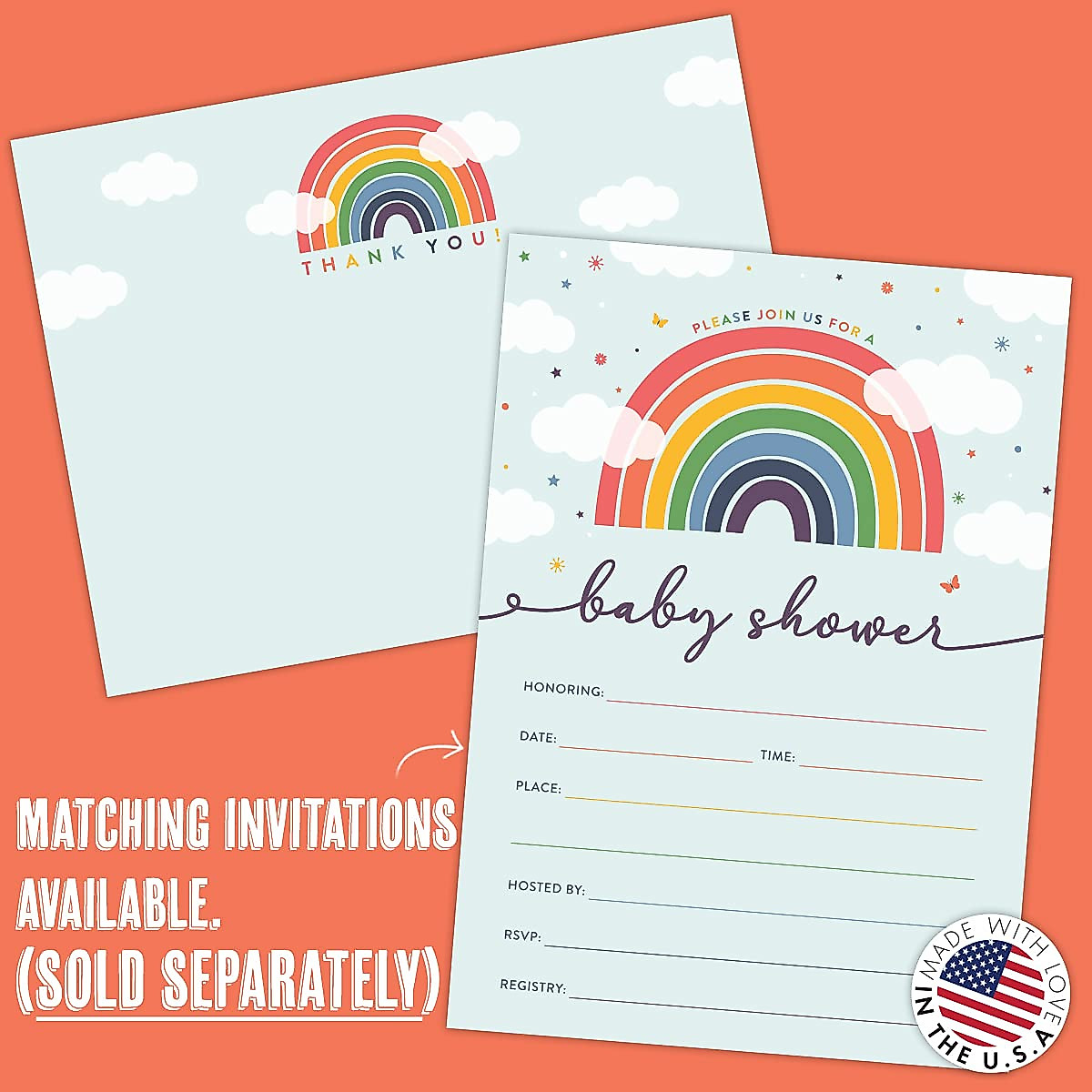 Koko Paper Co Rainbow Thank You Cards | 25 Flat Cards and 25 Bright White Envelopes | Printed on Heavy Card Stock.