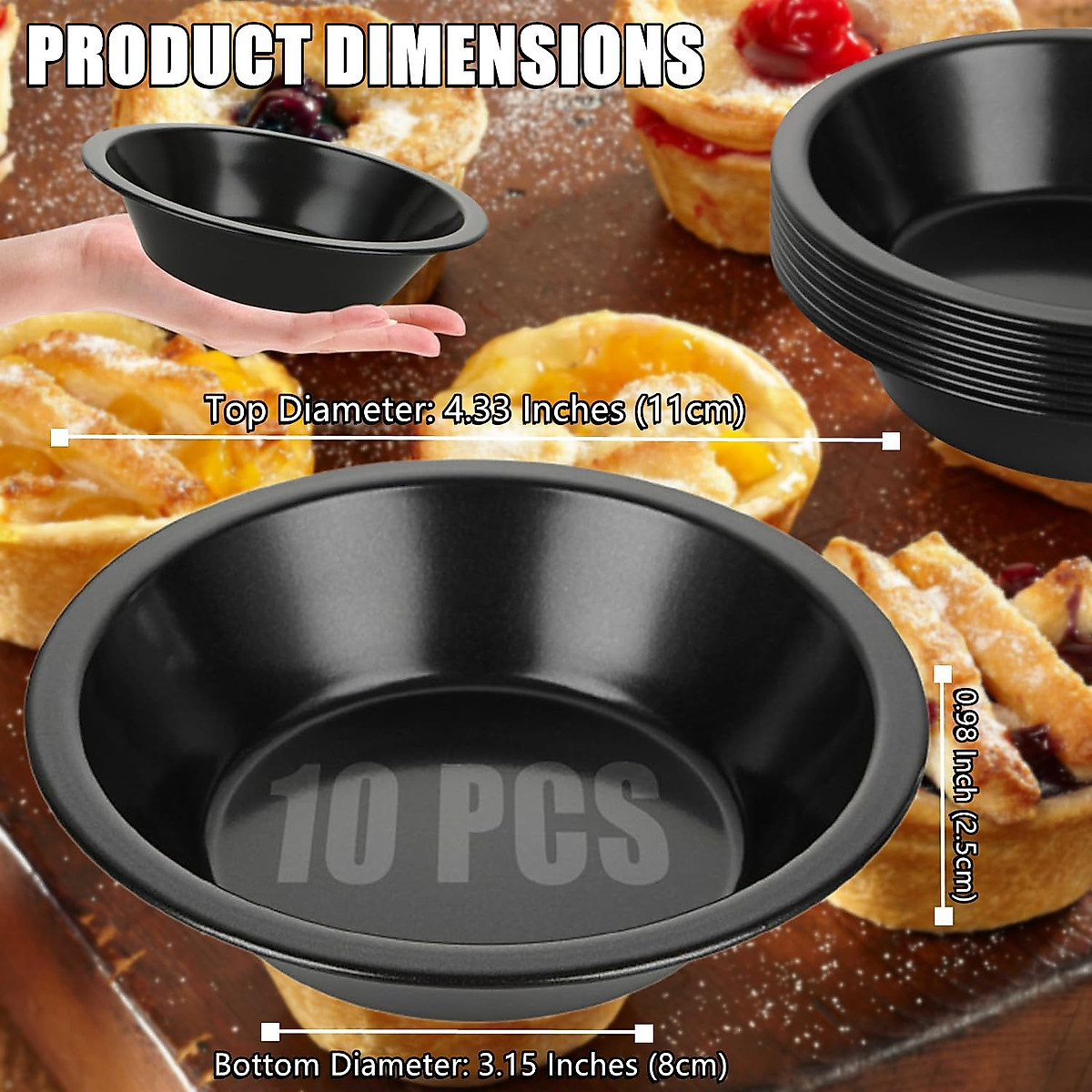 RHBLME 10 Pack Mini Pie Tins, 4 Inch Nonstick Small Pans, Carbon Steel Individual Pans for Baking Dessert, Fruit and Beef, Oven & Dishwasher Safe