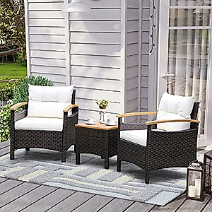 Tangkula 3-Piece Patio Furniture Set, Patiojoy Outdoor Rattan Sofa Set with Coffee Table, Patio Conversation Set with Removable Cushion, Cozy Acacia Wood Armrests for Backyard, Poolside (Off White)