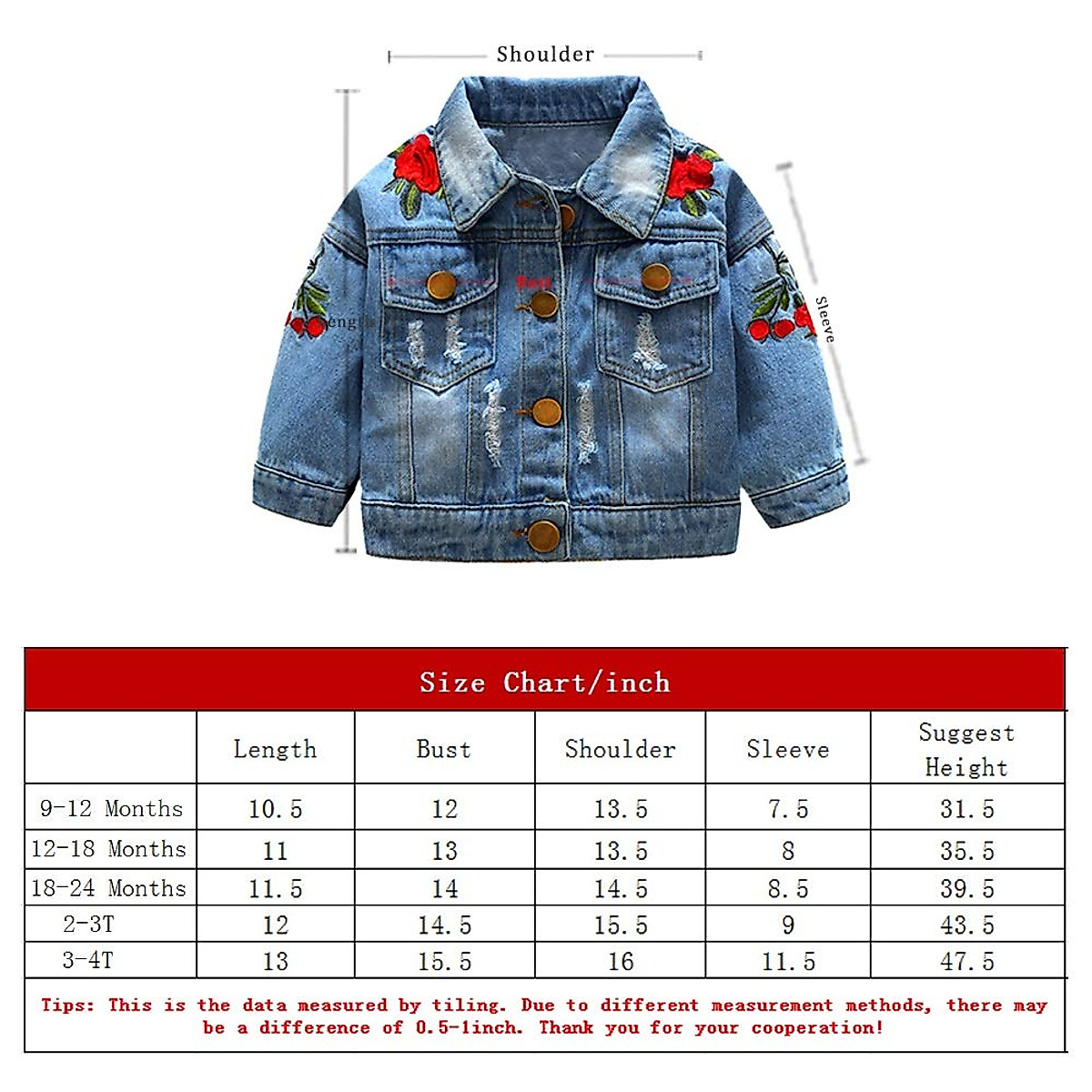 Top and Top Baby Girls Denim Jacket Rose Flower Embroidery Toddler Ripped Denim Coat For Kids (80/9-12 Months), Blue