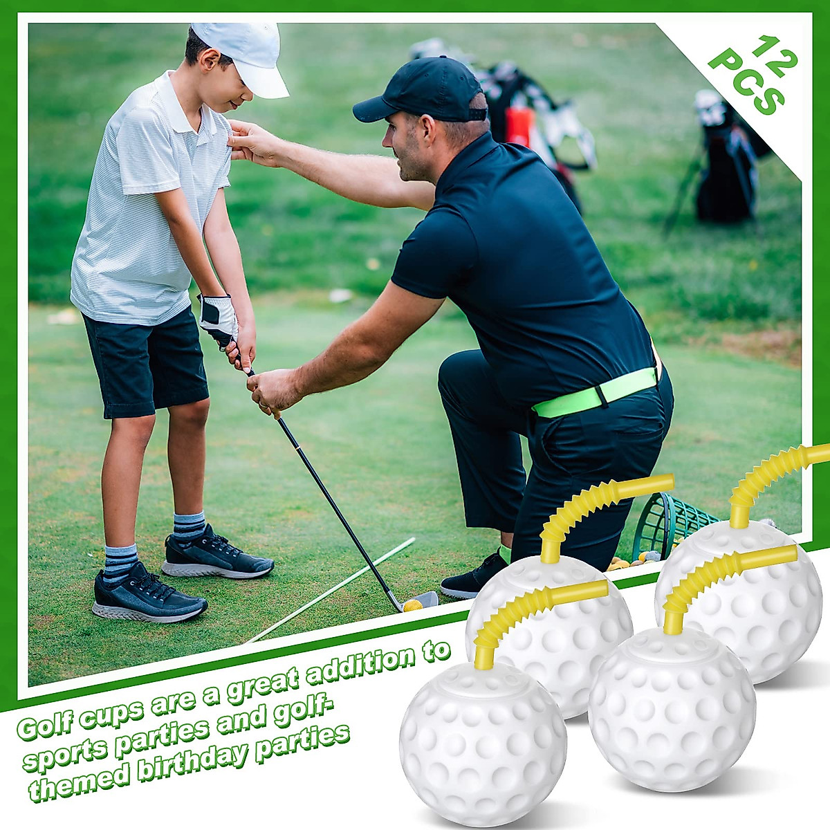Golf Ball Cups with Lid and Straw - 14 oz Plastic Party Favors, Shaped Decorations for Drinking, Themed Parties (12)