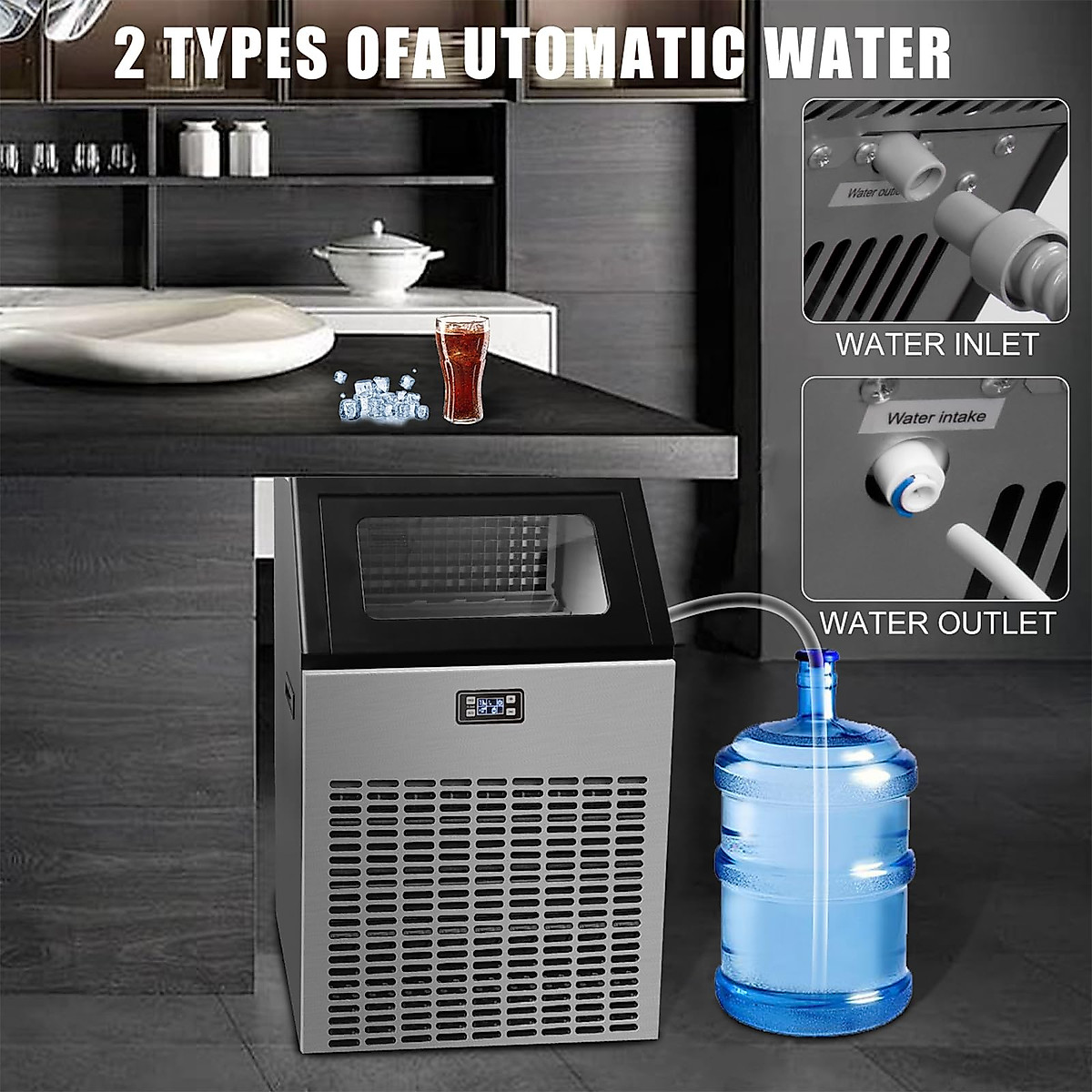 Commercial Ice Maker Machine, 270lbs/24H Stainless Steel Under Counter Ice Machine with 55lbs Ice Storage Capacity, Freestanding Cubic Ice Maker