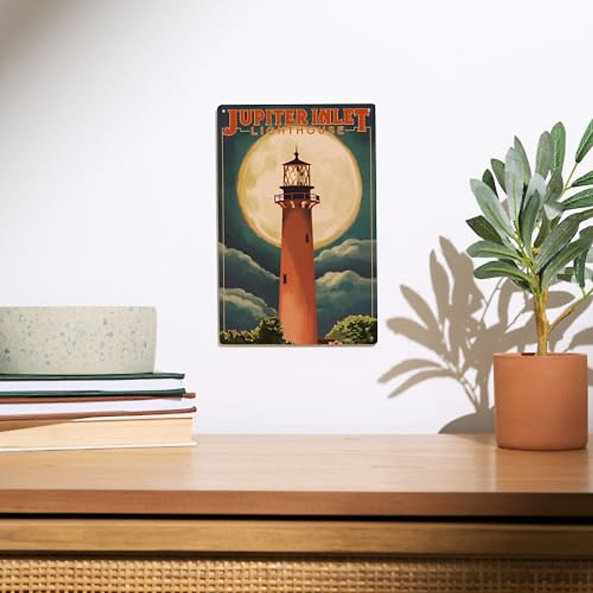 Lantern Press 6x9 Inch Wood Sign, Ready to Hang Wall Decor, Jupiter, Florida, Jupiter Lighthouse and Moon