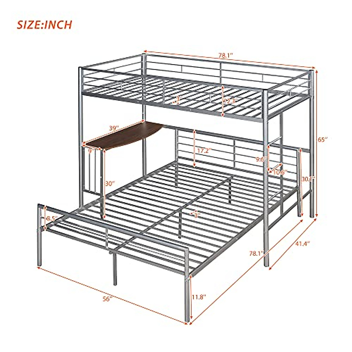 Tidyard Twin Over Full Metal Bunk Bed with Desk, Ladder and Quality Slats for Bedroom, Metallic Silver for Bedroom Dorm Guest Room Home Furniture