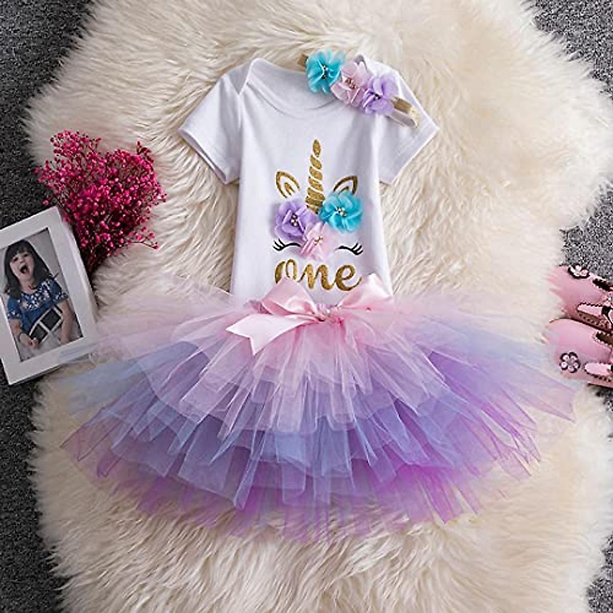 Bow Dream Baby Girls 1st Birthday Outfits Set 4 Pcs Rainbow Tutu Skirt T-Shirt Headband Sandals B