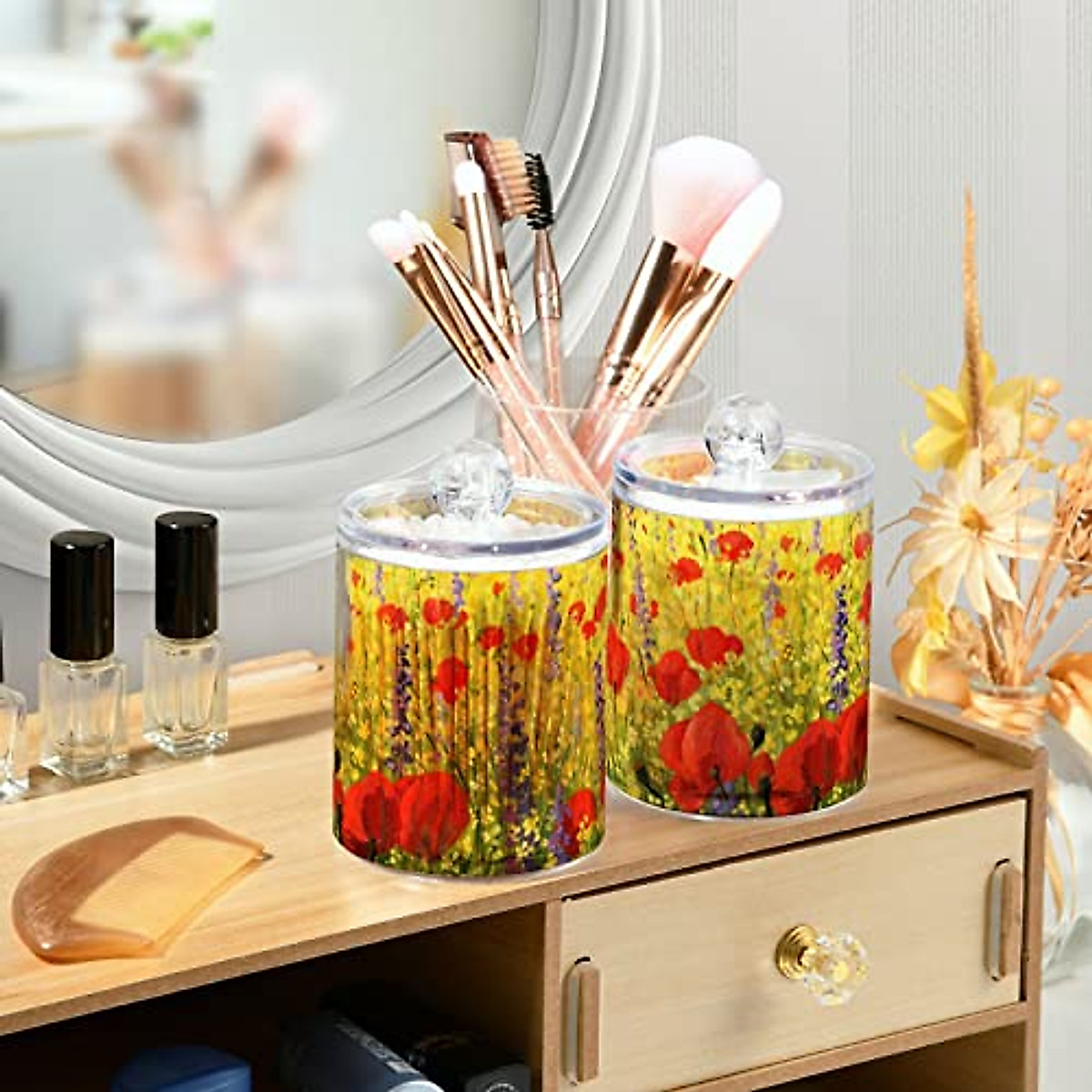 4 Pack Qtip Holder Dispenser Red Poppies and Yellow Flower Field Cotton Ball Cotton Swab Cotton Round Pads Floss Clear Bathroom Storage Containers Plastic Apothecary Jars with Lids