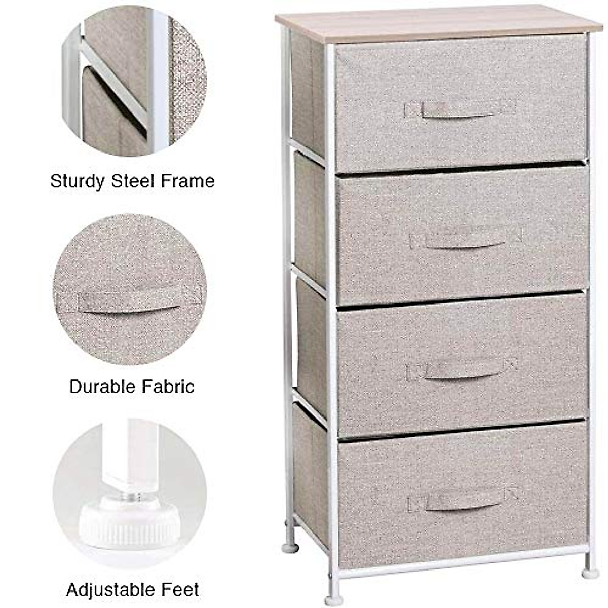VUE Upgrade Dresser with 4 Drawers, Organizer Tall Fabric Storage Tower with Dust-Proof Pad for Bedroom,Hallway,Living Room,Closet,College Dorm - Sturdy Steel Frame,Wood Top,Easy Pull Fabric Bins