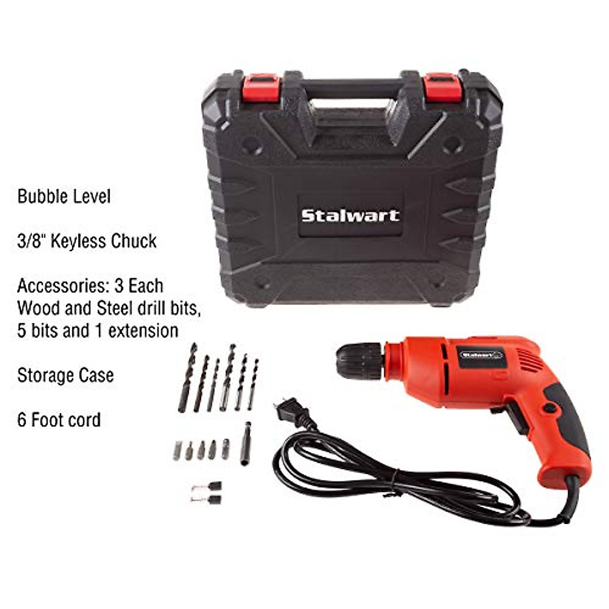 Stalwart 75-PT1037 Electric Power Drill with 6-Foot Cord – Variable Speed, Reversable Wired Screwdriver with Bubble Level, Carrying Case & Accessories