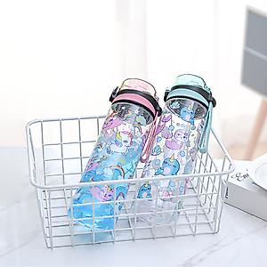 HUIN Cute Water Bottle for Girls Women, Water Bottle with Straw for School Kids, BPA FREE Reusable & Spill Proof & Wide Mouth, 24 oz / 700 ml, Unicorn