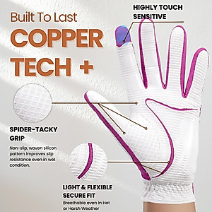 Copper Tech Ladies Golf Gloves 2 Pack - 100% AAA Synthetic Tacky Leather - Optimal Wrist Support for Golfers - Women's Golf Glove Left Hand - Perfect Pink Golf Glove for Fall - (One Size Fits Most)