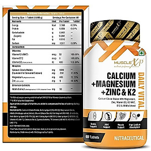 Calcium + Magnesium + Zinc & K2 - MK7 Daily Vital with Alfalfa Extract, Vitamin B12 and D3, 60 Tablets