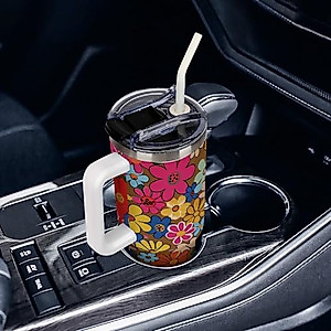 ADASGHBY Large Capacity Car Cup with Straw Lid Bright Flower Style Leakproof Insulated Stainless Steel Tumbler Fits in Car Cup Holder