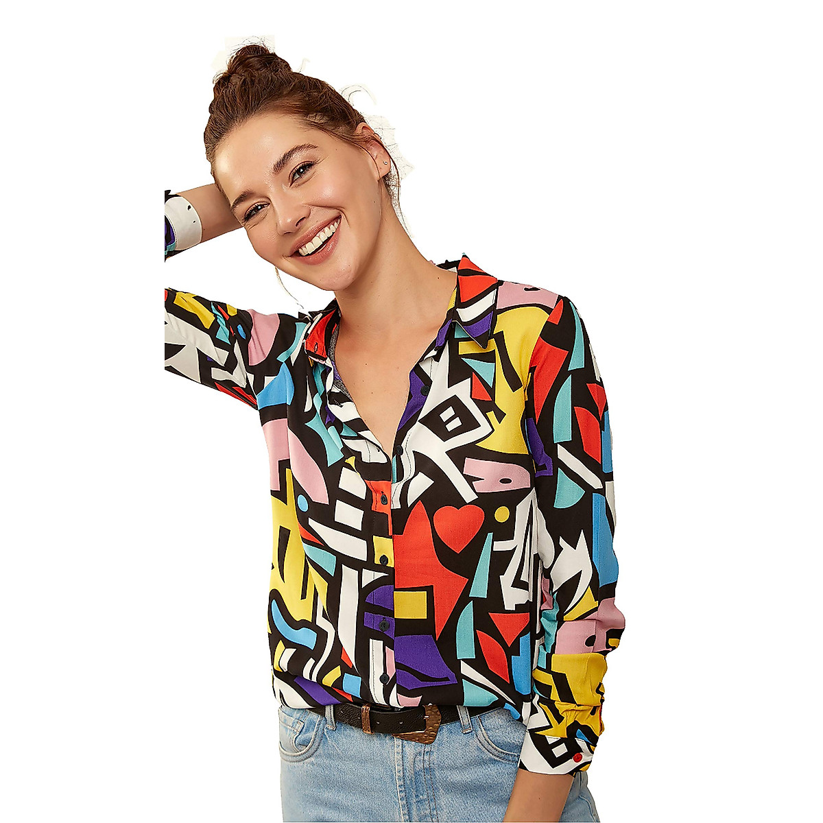 Blouses for Women Fashion, Casual Long Sleeve Button Down Shirts Tops, XS-3XL (Red Yellow Mix Colors, X-Small)