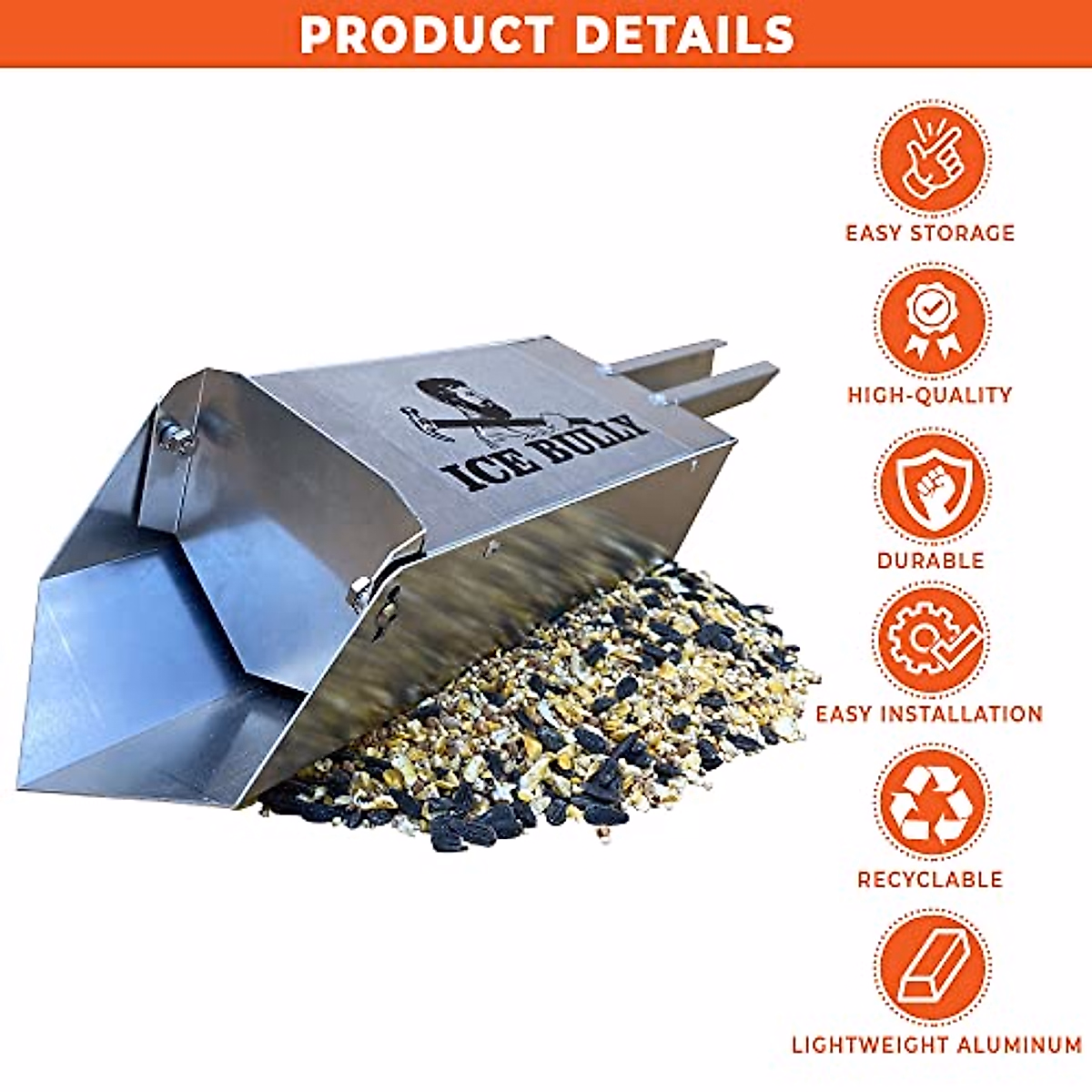 Ice Bully Handheld Spreader for Salt, Fertilizer, Feed, Seed and Sand Multi-Use Scoop Shaker to Easily Spread Snow and Ice Melt on Sidewalks, Walkways, Driveways and Parking Lots