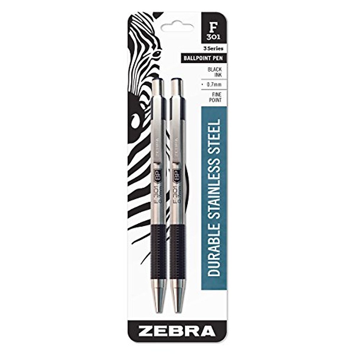 Zebra Pen F-301 Retractable Ballpoint Pen, Stainless Steel Barrel, Fine Point, 0.7mm, Black Ink, 2-Pack
