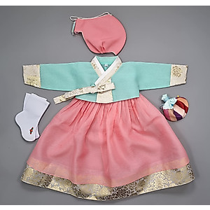 Hanbok Baby Girl Korea Traditional Clothing Dol Party Celebration 1st Birthday Ceremony Mint Coral OSMC01