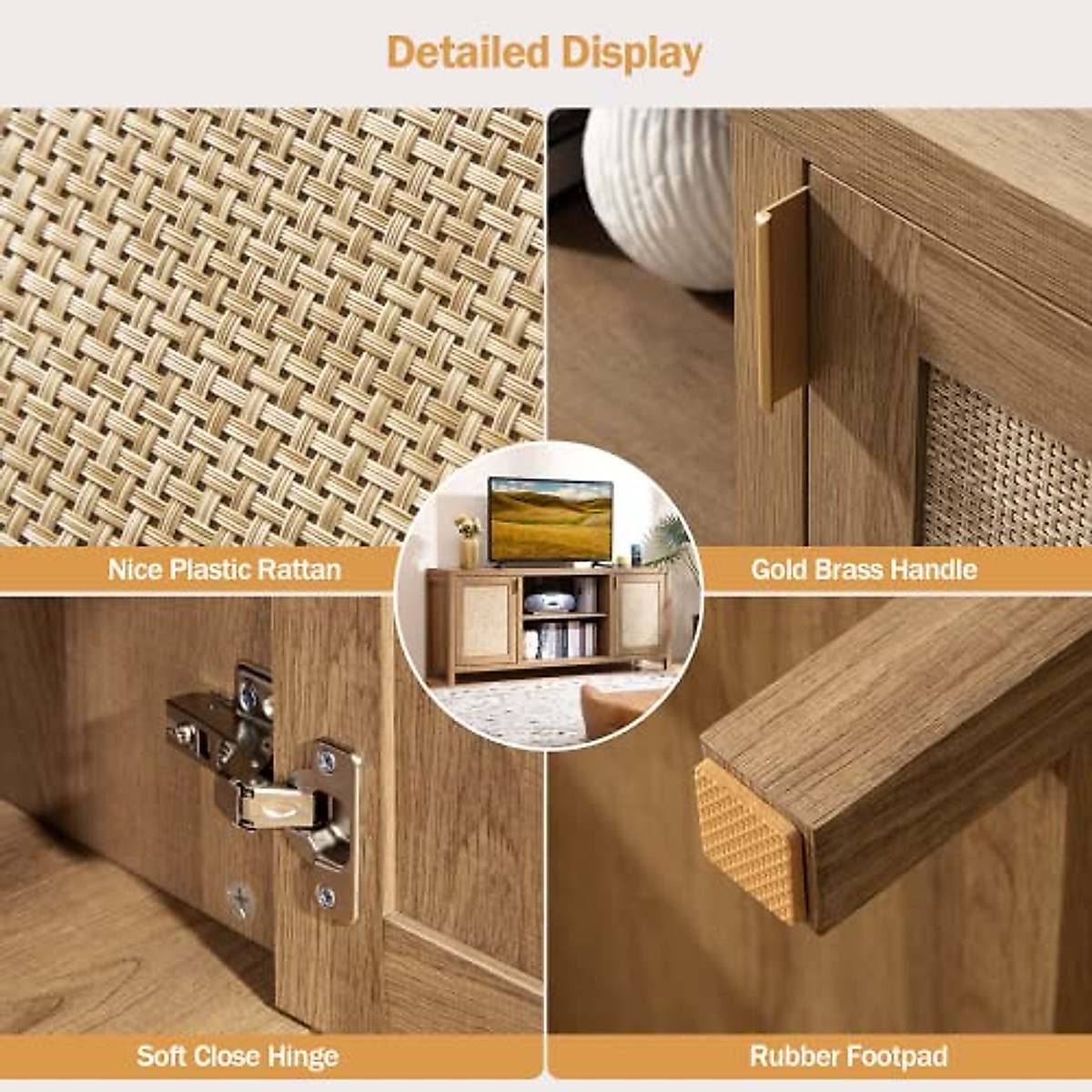 SICOTAS Rattan TV Stand for 65 Inch TV: 26" Tall TV Console with Storage Cabinet and Adjustable Shelf, 59" Boho Entertainment Center, Media Console, Modern Wood TV Stands for Living Room, Bedroom, Oak