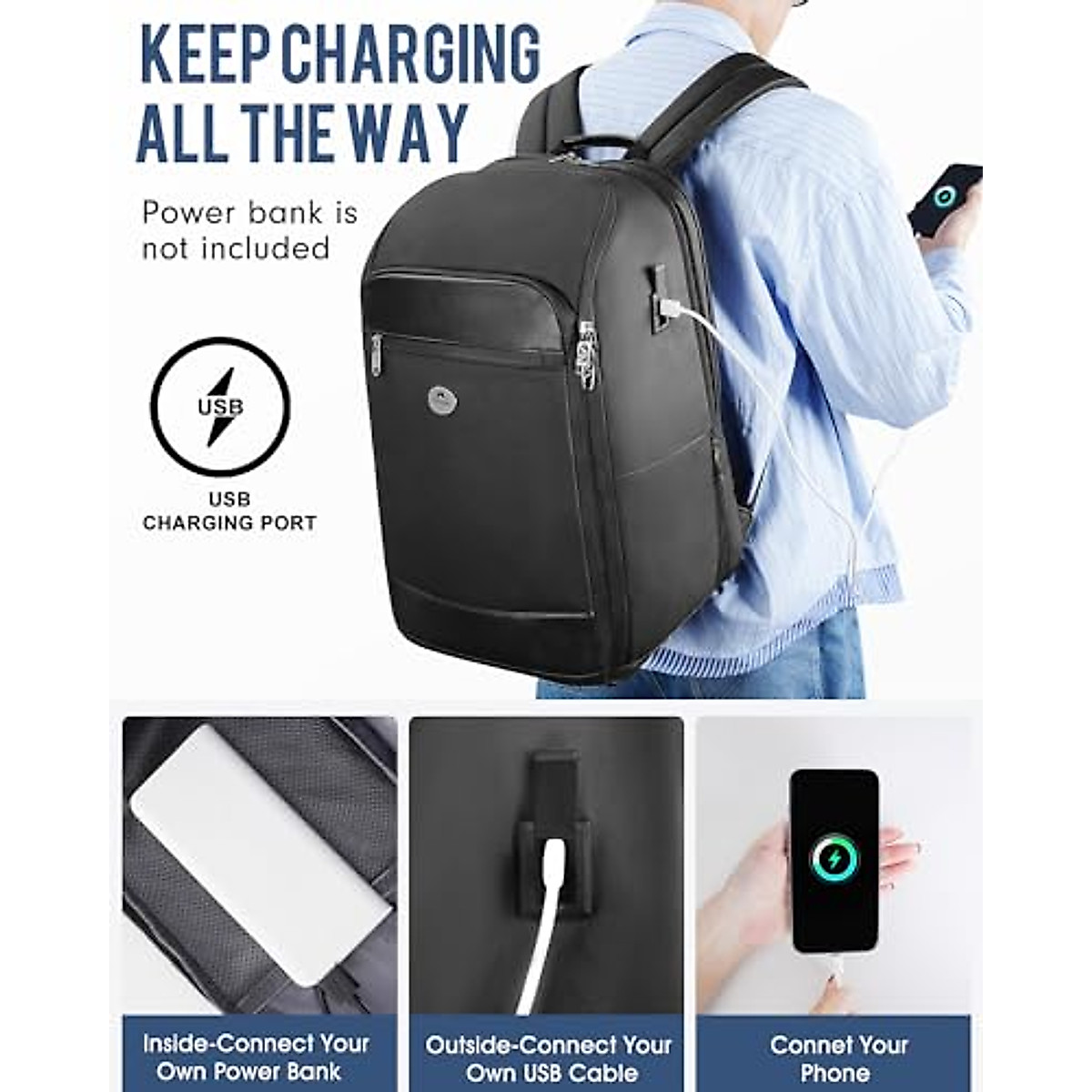 MATEIN Laptop Backpack for Men, 50L Expandable Business Carry on Backpack with USB Port & Wet Bag Fits 17 Inch Computer, Large Waterproof TSA Smart Flight Approved Weekender Travel Bag Gifts, Black