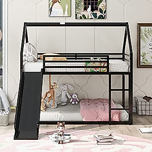Tidyard Twin Over Twin House Bunk Bed with Ladder and Slide,Black for Bedroom Dorm Guest Room Home Furniture