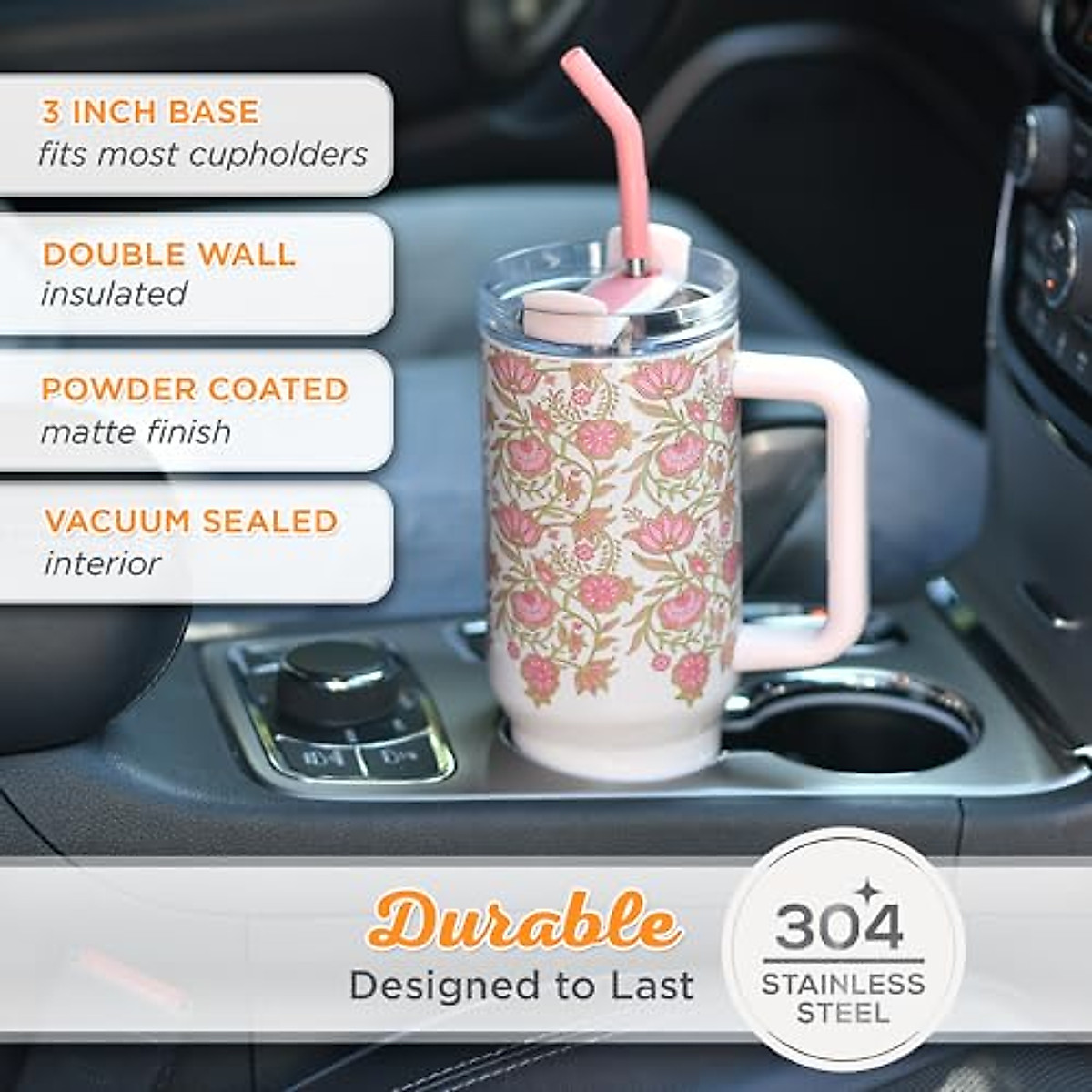 Christian Art Gifts Extra Large Stainless Steel Double Wall Vacuum Insulated Travel Tumbler for Women: Be Still Inspirational Scripture, Lid, Reusable Straw, Wide Handle, White & Pink Floral, 40 oz.