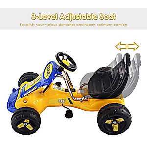 Costzon Kids Pedal Go Kart, 4 Wheel Ride on Car, Pedal Powered Ride on Toys for Boys & Girls with Adjustable Seat, Pedal Cart for Kids 37"× 24.8"× 20.1" (Yellow)