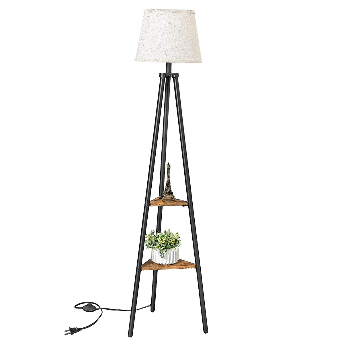 VASAGLE Floor Lamp with Shelves, Standing Reading Lamp with Lamp Shade, for Living Room, Bedroom, Bulb Not Included, Rustic Brown ULFL15BX