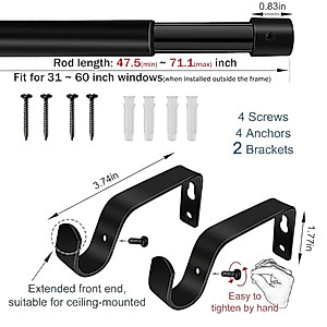 TrencaHK 3/4-inch Curtain Rods for Windows 31 to 60, Adjustable Window Rod with Ceiling or Wall-Mount, Easy Installation for Any Room & Outdoor Patio, Black Curtain Rod