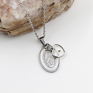 NA Oval Virgin Mary Mustard Seed Christian Pendant Religion Necklace for Women, Stainless Steel Prayer Faith Jewelry (White)