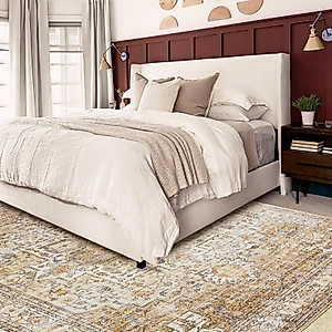 Area Rug 9x12 Living Room: Soft Large Washable Rugs with Non-Slip Rubber Backing Stain Resistant Modern Indoor Boho Vintage Carpet for Bedroom Dining Nursery Room Home Office (Beige/Brown)