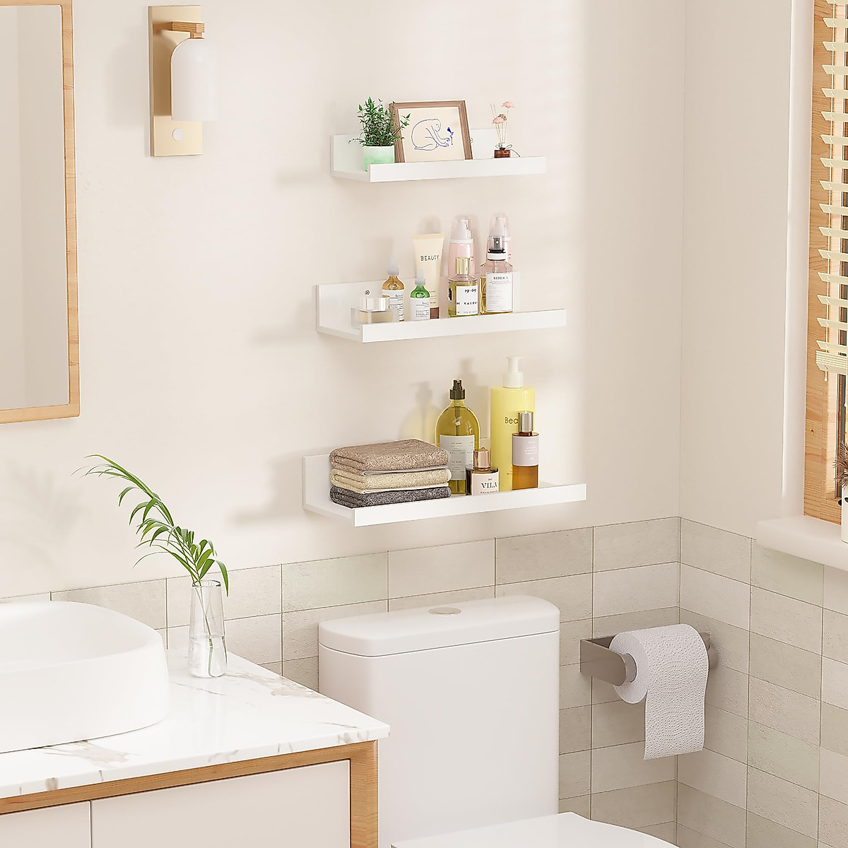 Upsimples Home Floating Shelves for Wall Decor Storage, Wall Shelves Set of 5, Wall Mounted Wood Shelves for Bedroom, Living Room, Bathroom, Kitchen, Small Picture Ledge Shelves, White