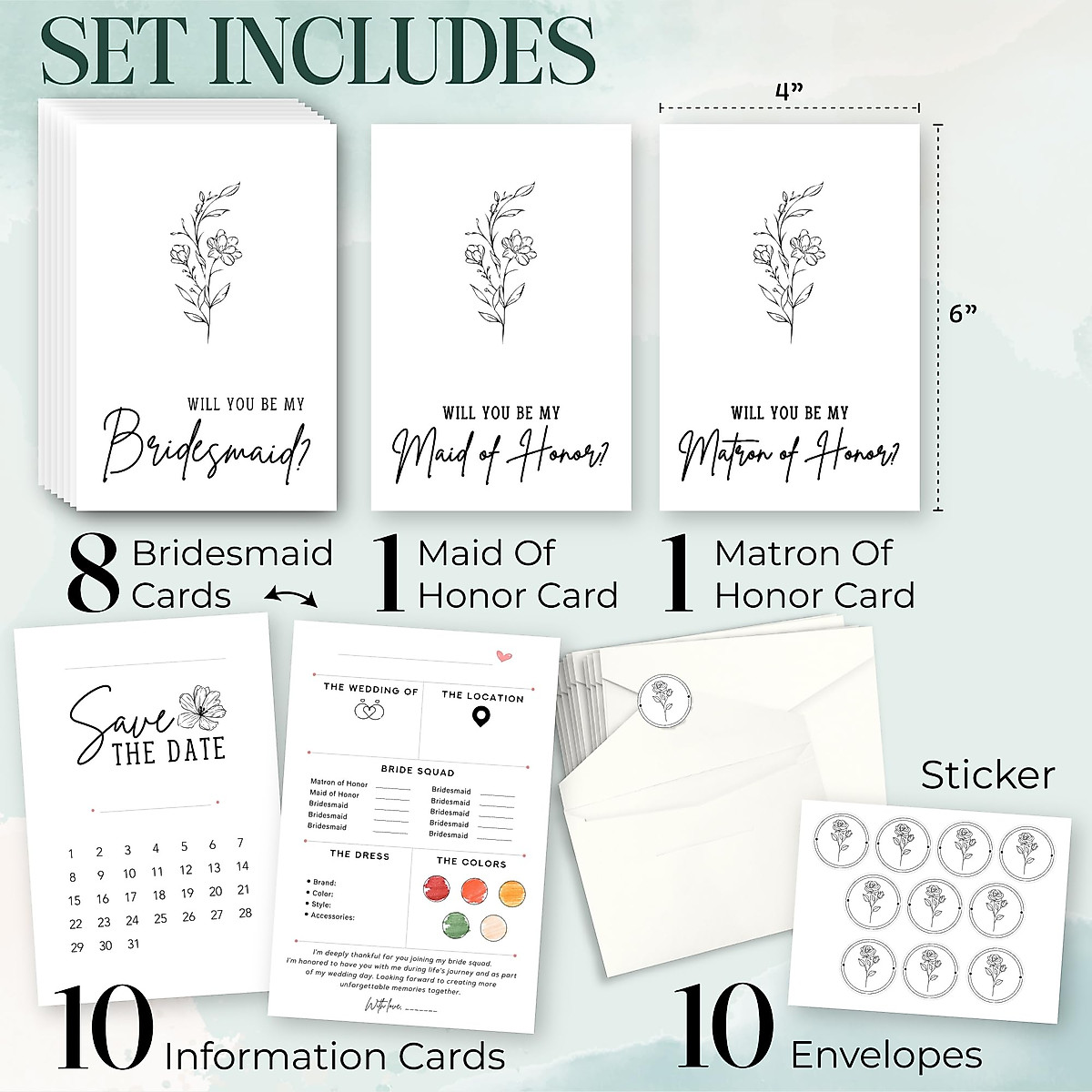 STOFINITY Will You Be My Bridesmaid Card - 8 Bridesmaid Proposal Card, 1 Will You Be My Maid Of Honor Card, 1 Will You Be My Matron Of Honor Proposal, Bridesmaid Proposal Gifts Ideas and Stickers