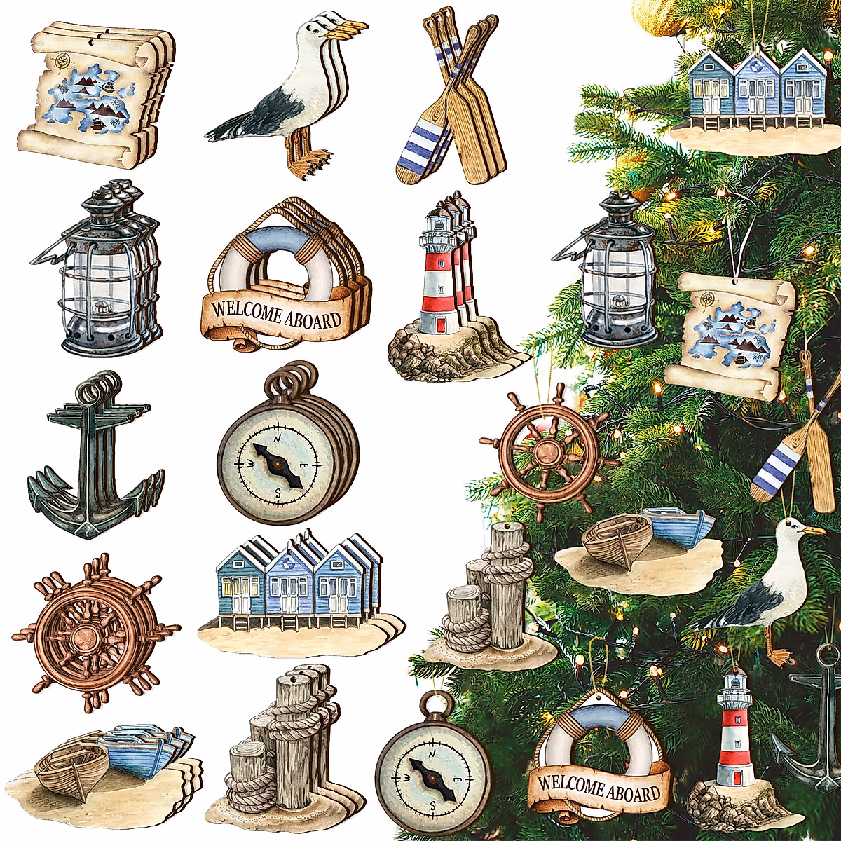 Maitys 36 Pcs Summer Wooden Ornaments Ocean Beach Tree Decorations Coastal Nautical Navigation Wooden Cutouts Summer Hanging Ornaments Summer Decorations for Home Small Tree Party Office(Navigation)