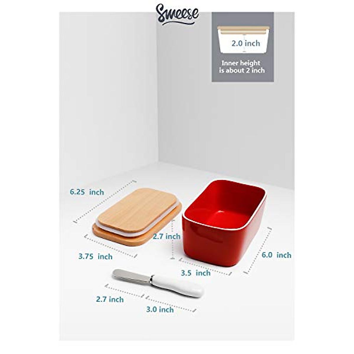 Sweese 324.104 Large Butter Dish with Knife - Airtight Butter Keeper Holds Up to 2 Sticks of Butter - Porcelain Container with Beech Wooden Lid, Red
